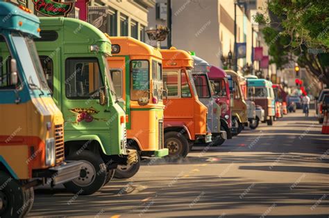 Row Of Colorful Food Trucks On A Busy Downtown Street Emitting Unique
