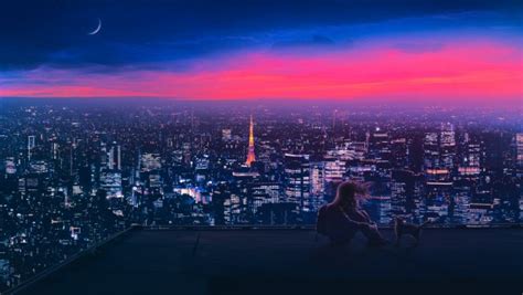Girl Cat Cityscape Tokyo Tower Art Hd Wallpaper