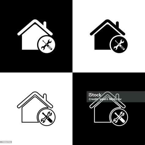 흑백 배경에 격리 된 드라이버와 렌치 아이콘으로 집이나 집을 설정합니다 조정 서비스 설정 유지 보수 수리 고정 벡터 일러스트레이션 개념에 대한 스톡 벡터 아트 및 기타