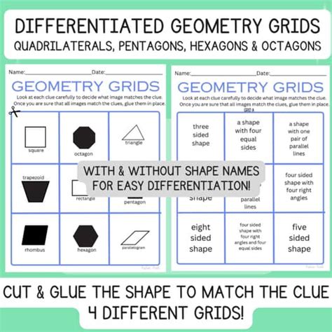 Differentiated 2nd Geometry Grids Naming Shapes Sort And Glue Quads Hex And Pent
