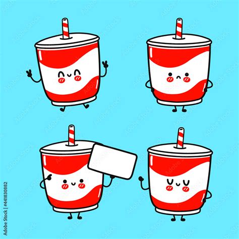 Funny Cute Happy Cold Drink Characters Bundle Set Vector Kawaii Line