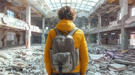 Premium Photo Man Standing In Destroyed Building With Backpack