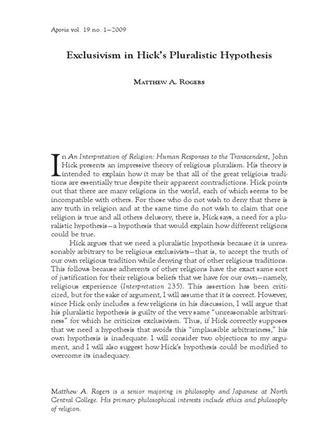 Rogers Exclusivism In Hicks Pluralistic Hypothesis Pdf Religious Pluralism Religious