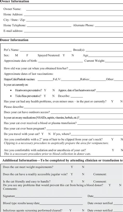 Potential Feline Blood Donor Evaluation Form Download Table
