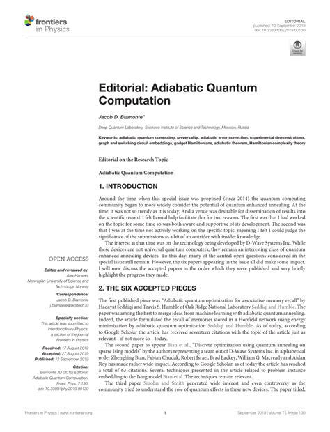 Pdf Editorial Adiabatic Quantum Computation
