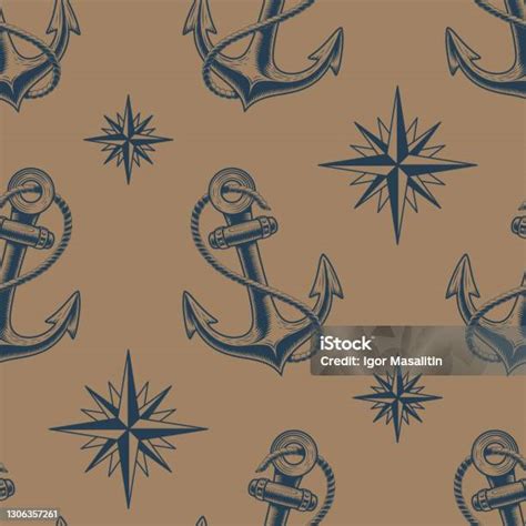 앵커와 윈드 로즈 또는 나침반 네비게이션 기호 및 방향과 원활한 배경 해양 테마 패턴에 대한 스톡 벡터 아트 및 기타 이미지 패턴 항해 선박 항해 양식 Istock