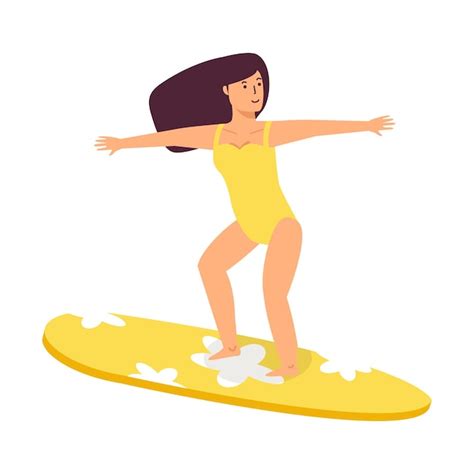Linda Chica Montando Con Tabla De Surf Vector Premium