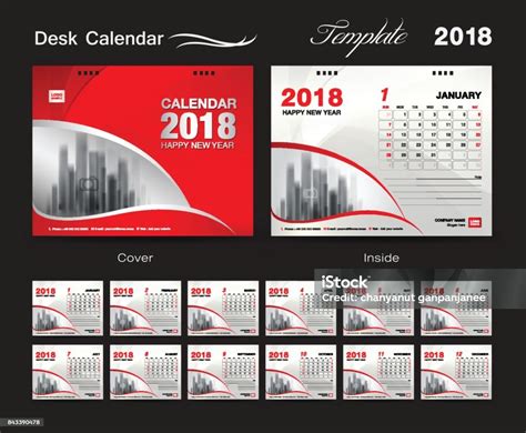 데스크 캘린더 2018 템플릿 디자인 빨간 덮개 12 개월 사업 일정 아이디어의 설정 0명에 대한 스톡 벡터 아트 및 기타