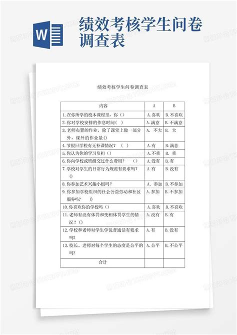 绩效考核学生问卷调查表Word模板下载 编号qdobzkpx 熊猫办公