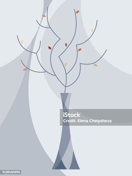 회색 배경에 꽃병에 나뭇잎이 있는 나뭇가지의 양식화된 그림 0명에 대한 스톡 벡터 아트 및 기타 이미지 0명 겨울 결혼식 Istock