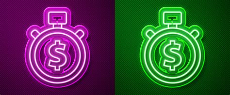 빛나는 네온 라인 시간은 보라색과 녹색 배경에 고립 된 돈 아이콘입니다 돈은 시간입니다 효과적인 시간 관리 시간을 돈으로 변환합니다 스톱 워치 벡터 일러스트레이션 개념에