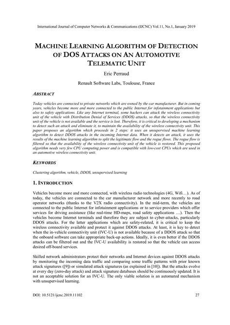 Machine Learning Algorithm Of Detection Of Dos Attacks On An Automotive Telematic Unit Pdf