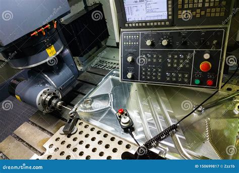 Measuring Process With Ruby Touch Probe On Large CNC Milling Machine In Jog Mode Stock Image