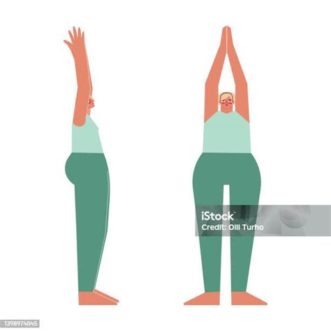 평평한 강한 금발 여성과의 벡터 개념은 요가 수업에서 서있는 자세 Urdhva Hastasana를 배웁니다 초보자를위한 피트니스 운동 상향 경례 자세 가공의 인물에 대한