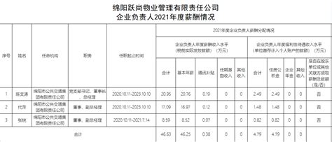 绵阳跃尚物业管理有限责任公司 企业负责人2021年度薪酬情况绵阳跃尚物业管理有限责任公司