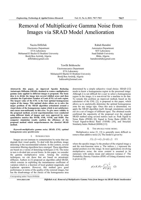 Pdf Removal Of Multiplicative Gamma Noise From Images Via Srad Model Amelioration