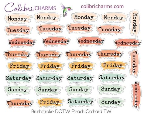 brushstroke days of the week planner stickers in peach orchard water