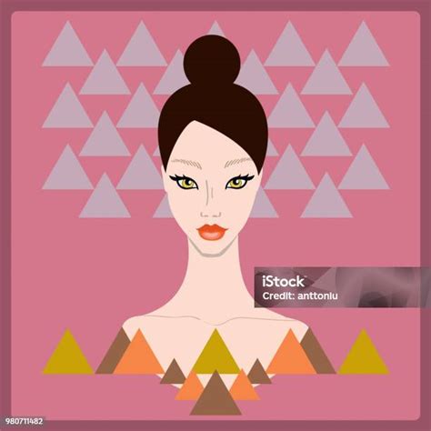 어두운 분홍색 배경에 삼각형 도형에 아름 다운 세련 된 젊은 여자 얼굴 80 년대의 스타일 1980 1989 년에 대한 스톡