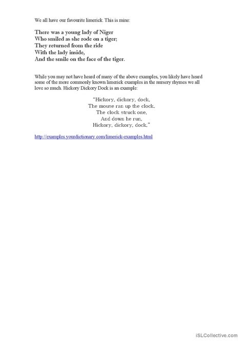 Limerick Song And Nursery Rhym… English Esl Worksheets Pdf And Doc