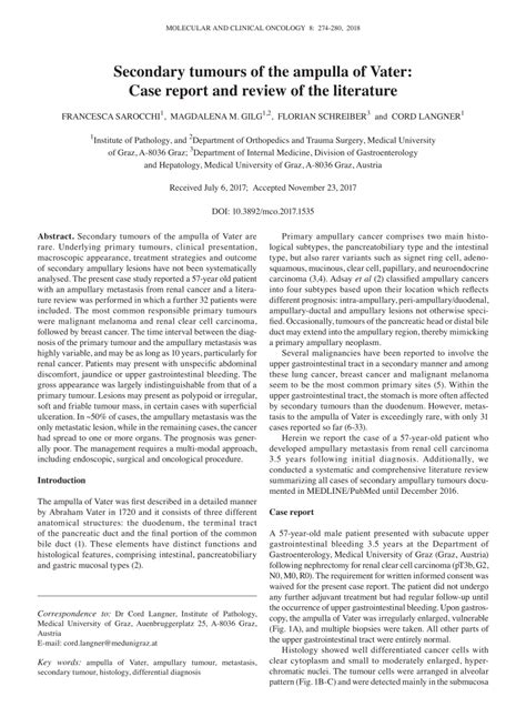 Pdf Secondary Tumours Of The Ampulla Of Vater Case Report And Review