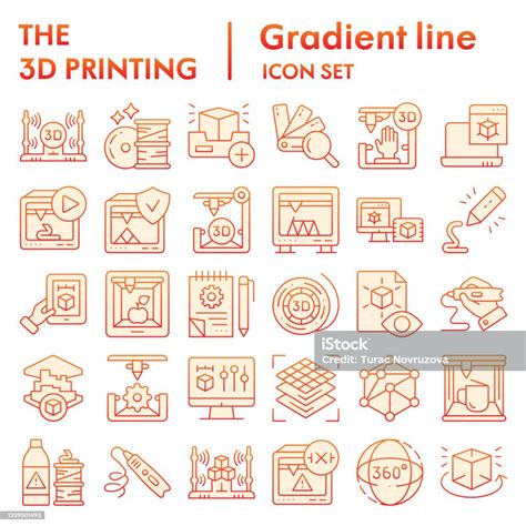 3d列印平面圖標集3d列印行業符號集合向量草圖標誌插圖未來技術標誌橙色漸變象形圖包隔離在白色背景上eps 10向量圖形及更多一組物體圖片