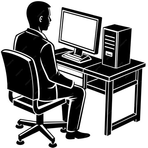 A Man Sits At A Desk In Front Of A Computer Monitor Premium Ai Generated Vector