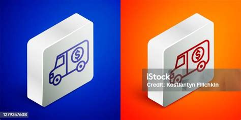 파란색과 주황색 배경에 격리 된 등색 라인 장갑 트럭 아이콘 실버 스퀘어 버튼 벡터 고전갑옷에 대한 스톡 벡터 아트 및 기타 이미지 고전갑옷 교통수단 금고 보안 장비