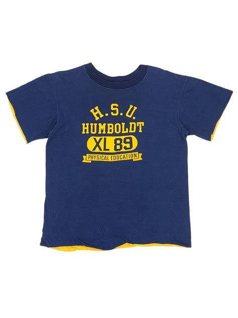 70s Abco H S U Humboldt Pe 3段プリント リバーシブルtシャツ 紺x黄 表記 Xl New