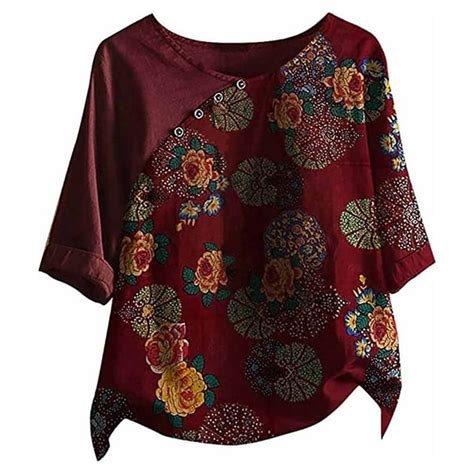 Patlollav Womens O Neck 34 Sleeve Floral Print Loose Shirt Top Wine