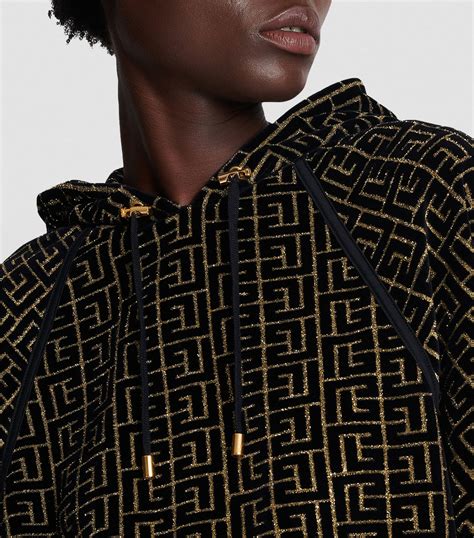 Womens Balmain Black Velvet Jacquard Monogram Hoodie Harrods Uk