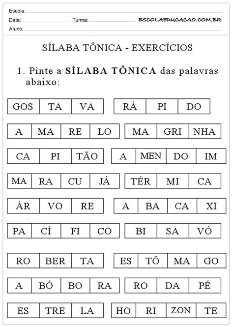 Atividade Com Sílabas Tônicas Exercícios Interactive Activities