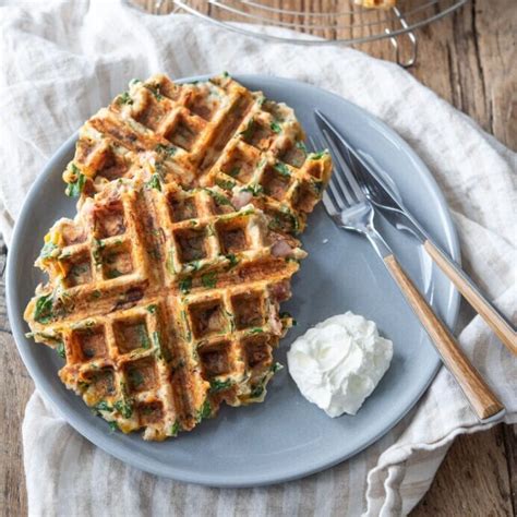 Savory Waffles With Spinach Ham And Cheese Beyond Kimchee