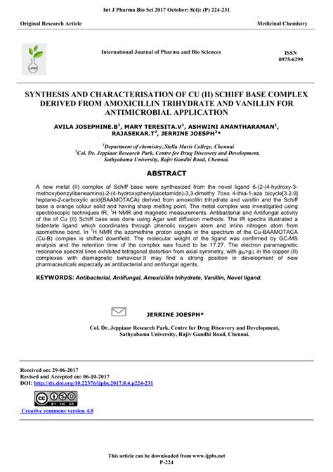 Pdf Synthesis And Characterisation Of Cu Ii Schiff Base Complex Derived From Amoxicillin