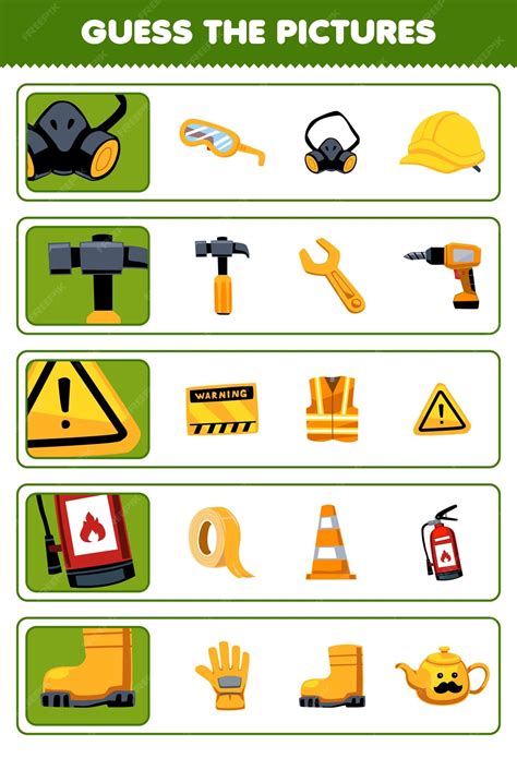 어린이를 위한 교육 게임은 귀여운 만화 마스커 망치 주의 표시 소화기 부팅 인쇄 가능한 도구 워크시트의 올바른 그림을 추측합니다