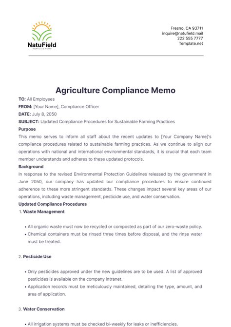 Free Agriculture Compliance Memo Template To Edit Online