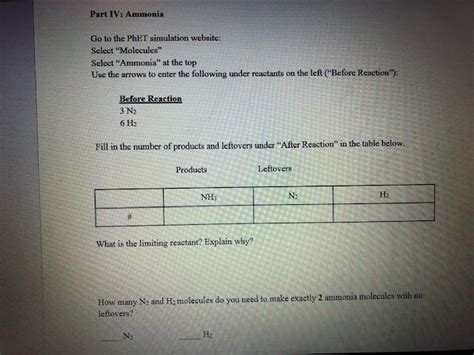 solved part iv ammonia go to the phet simulation website