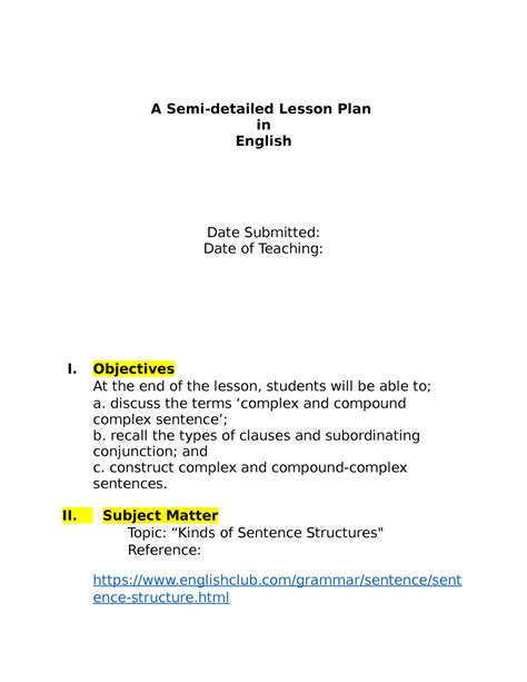 Complex And Compound Complex Sentence Teaching Grammar A Semi Detailed Lesson Plan In