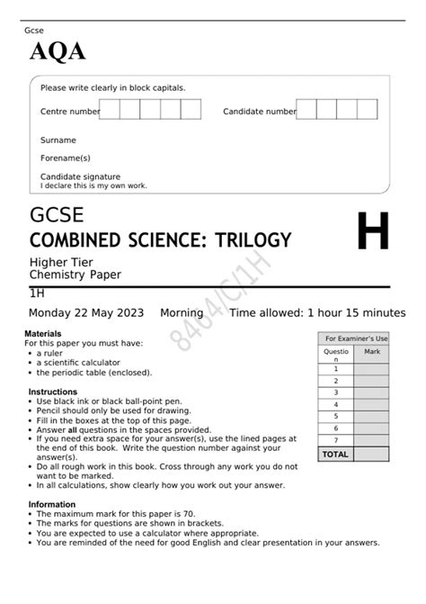 AQA GCSE COMBINED SCIENCE TRILOGY Higher Tier Chemistry Paper 1H June ...