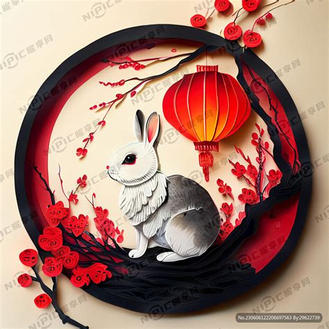 Ai创作图衍纸艺术 春节 可爱兔子 唯美红色 红梅 红灯笼 高清 创意构图 昵图网