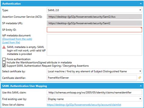 Saml 20 Configuration Settings