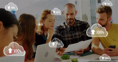Image Of Digital Interface With Cloud Icons With Percent Growing And Arrows Over Colleagues