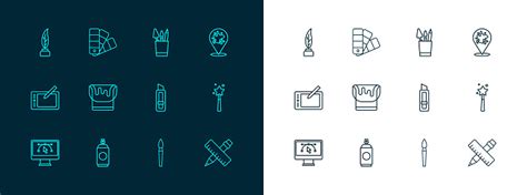 라인 페인트 스프레이 캔 문구 칼 브러시 양동이 필통 문구 깃털 및 잉크 병 색상 팔레트 가이드 아이콘을 설정합니다 벡터 고정됨에 대한 스톡 벡터 아트 및 기타 이미지