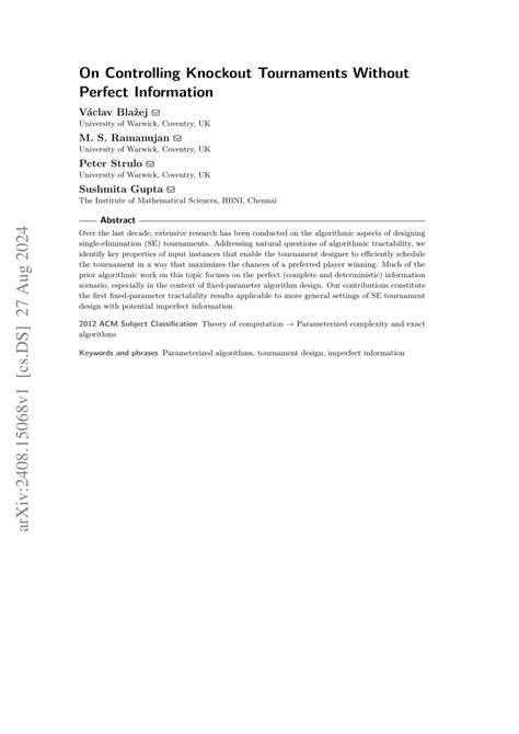 Pdf On Controlling Knockout Tournaments Without Perfect Information