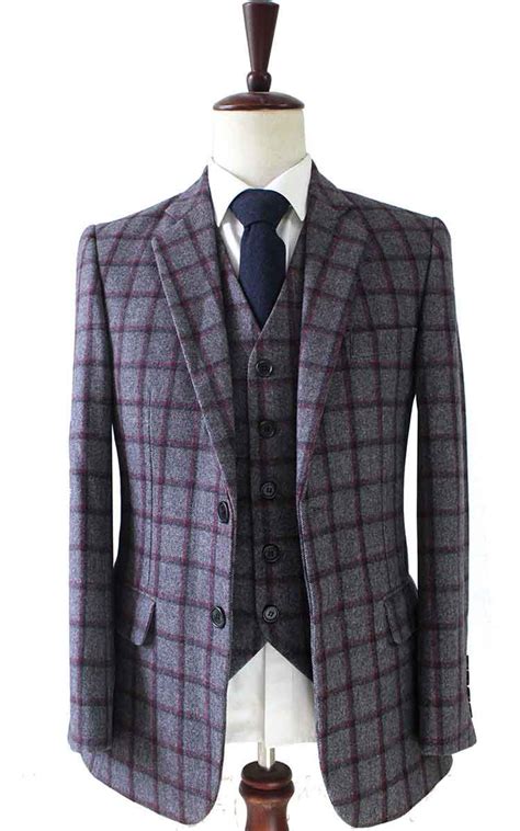 Grey Red Windowpane Plaid Tweed 3 Piece Suit 丨bdtailormade