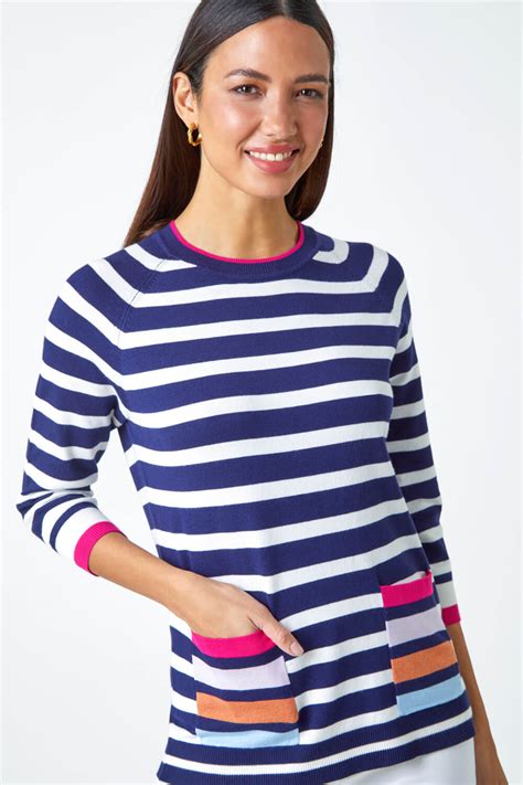 Navy Stripe Print Contrast Pocket Jumper Roman Uk