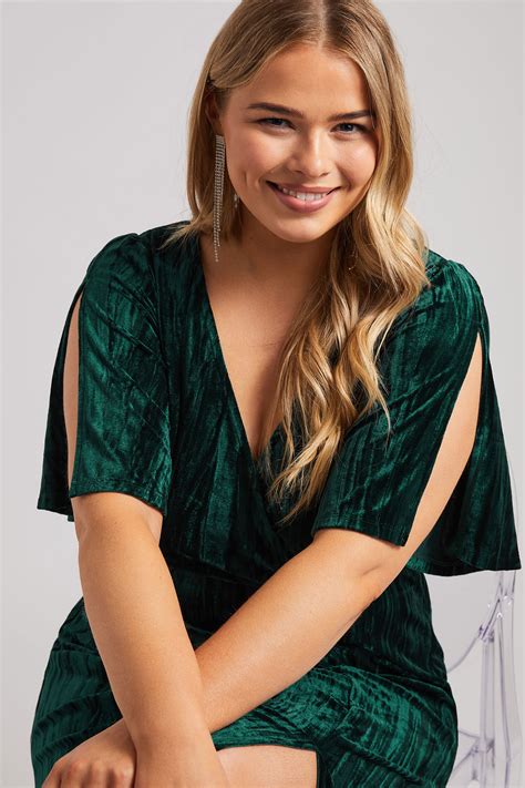Yours London Plus Size Green Crushed Velvet Wrap Dress Yours Clothing