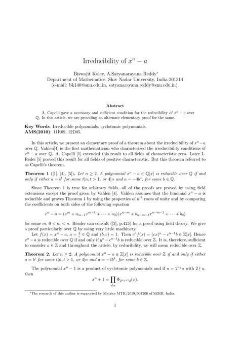 PDF Irreducibility Of X N A