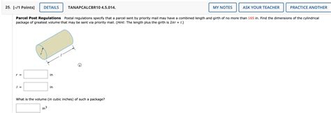 Solved Package Of Greatest Volume That May Be Sent Via Chegg Com