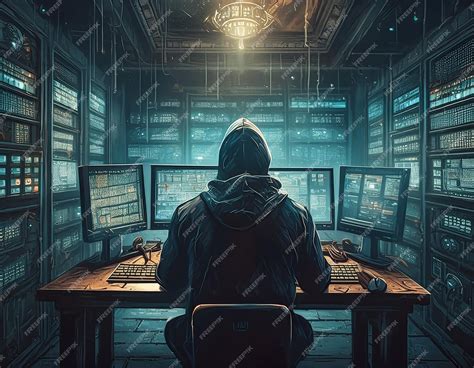 Hacker In Dark Room Illuminated By Multiple Computer Screens Typing On
