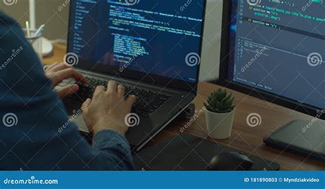 Closeup Coding On Screen Man Hands Coding Html And Programming On Two